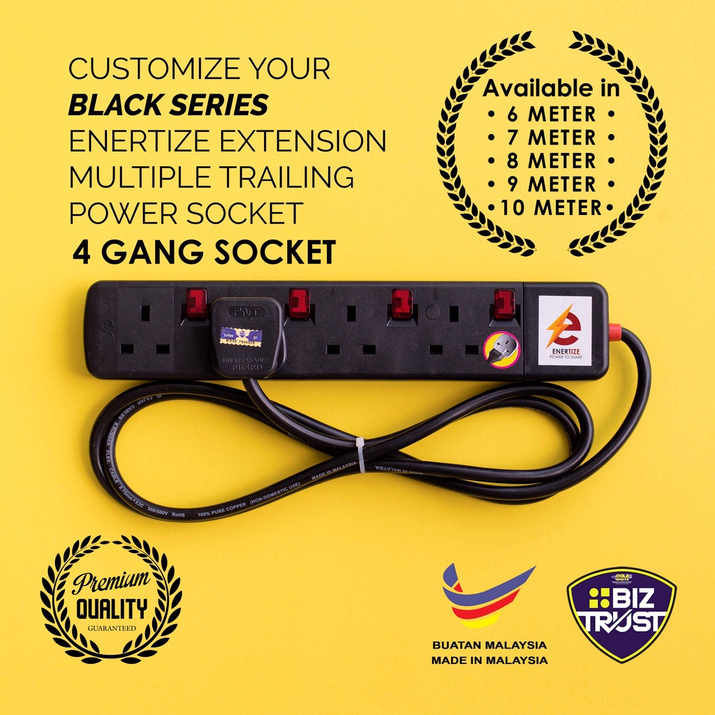 Enertize Black Series CUSTOMISE Extension Trailing Power Socket Plug ...
