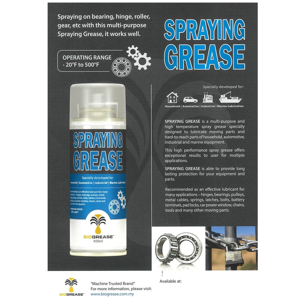 BIOGREASE SPRAYING GREASE MULTI-PURPOSE HI-TEMP GREASE SPRAY 400ML ...