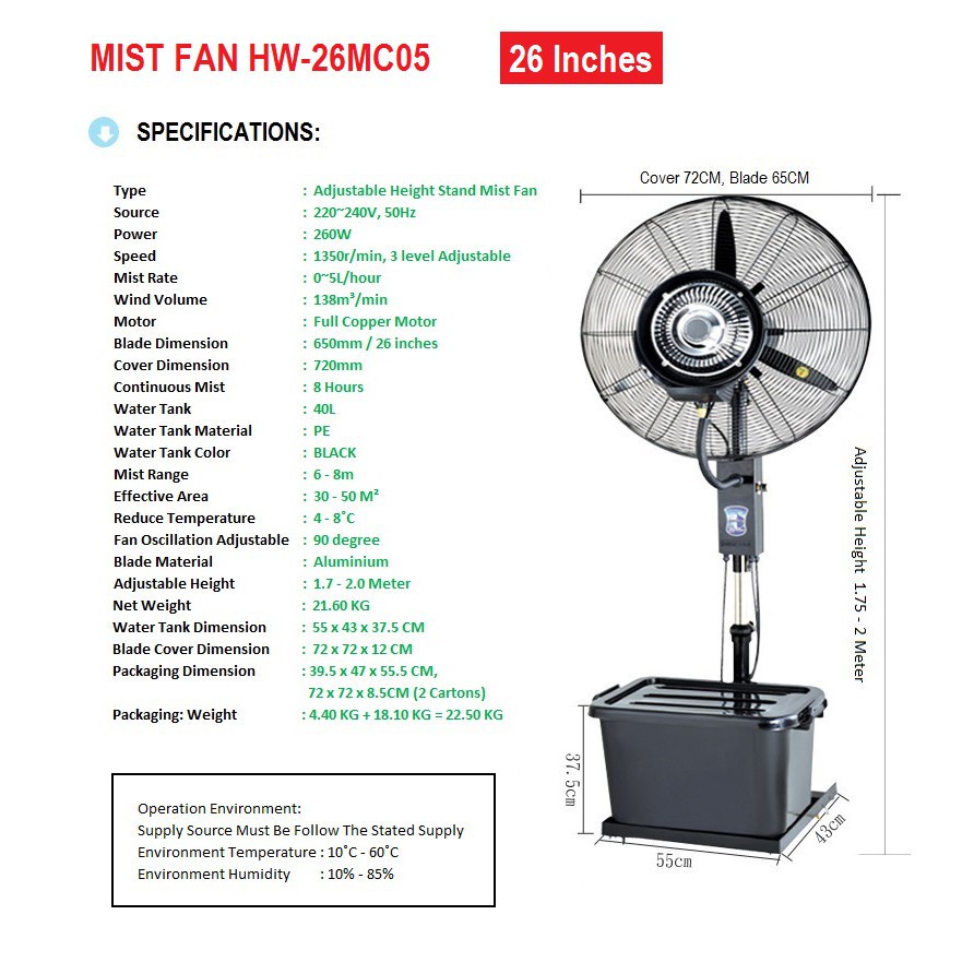🔥🔥 Mist Fan Standing Or Wall Mounted 26 / 30 inch Atomizer Water ...