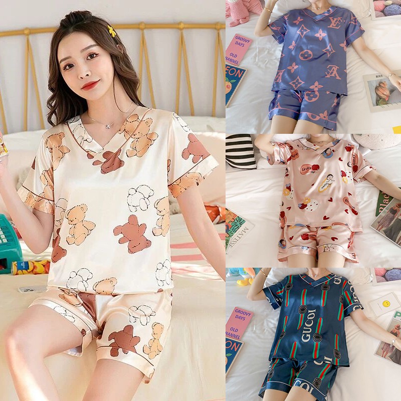 Womens Sleepwear Sexy Satin Pajama Set Printed V Neck Pyjamas Cute