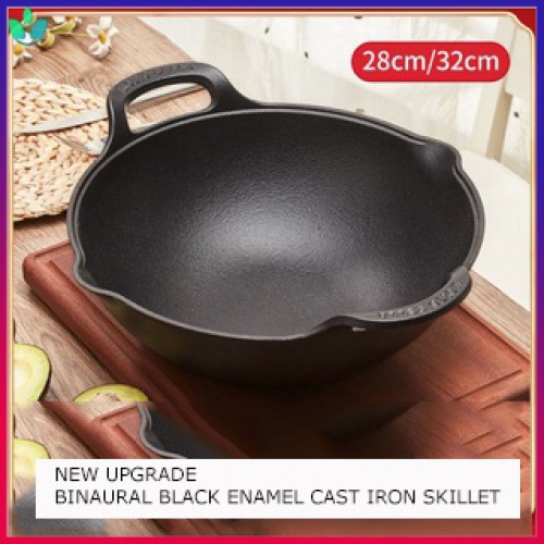 Cast Iron Wok Smokeless Pan Double-Ear Old-Fashioned Frying Pan Enamel ...