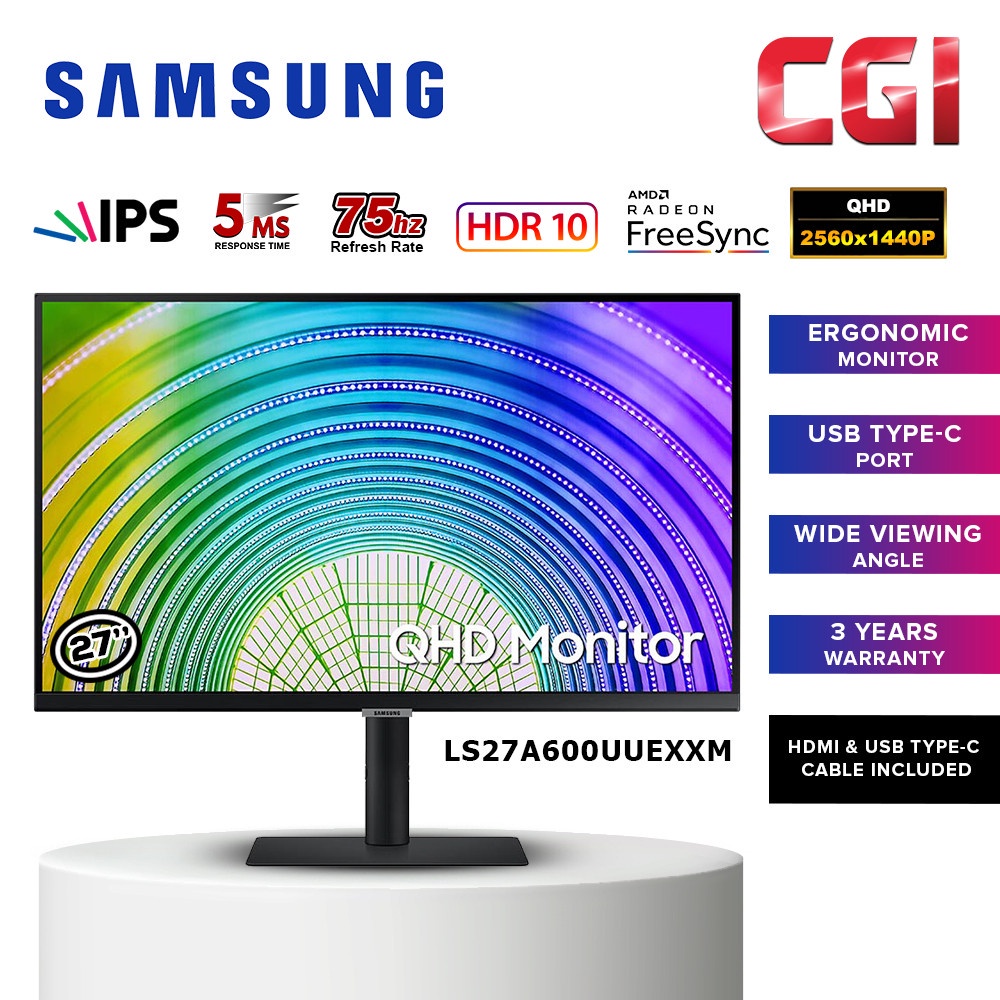 Samsung 27" LS27A600UUEXXM QHD HDR10 IPS 5ms AMD FreeSync Type-C ...