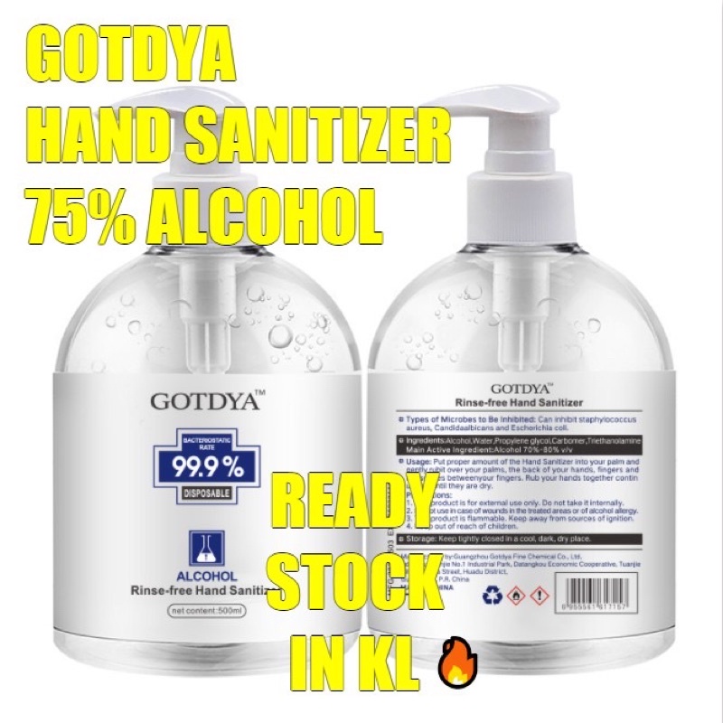 💥💥KKM APPROVED！GOTDYA RINSE FREE HAND SANITIZER 75% ALCOHOL 500ML / MEDICAL GRADE / PEMBASMI ...