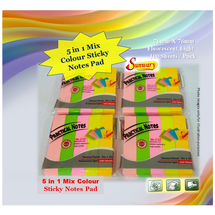 Sticky Notes Pad - 5 in 1 Colors / Pack, 76mm X 76mm (3" X 3"), Sticky ...