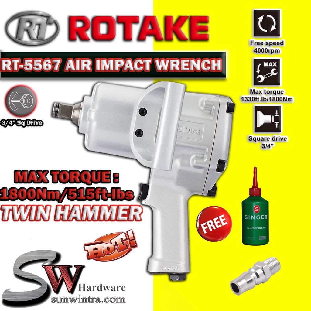 ROTAKE 3/4" TWIN HAMMER HEAVY DUTY HOG RING AIR IMPACT WRENCH RT-5567 F.O.C 1x Singer Oil ...