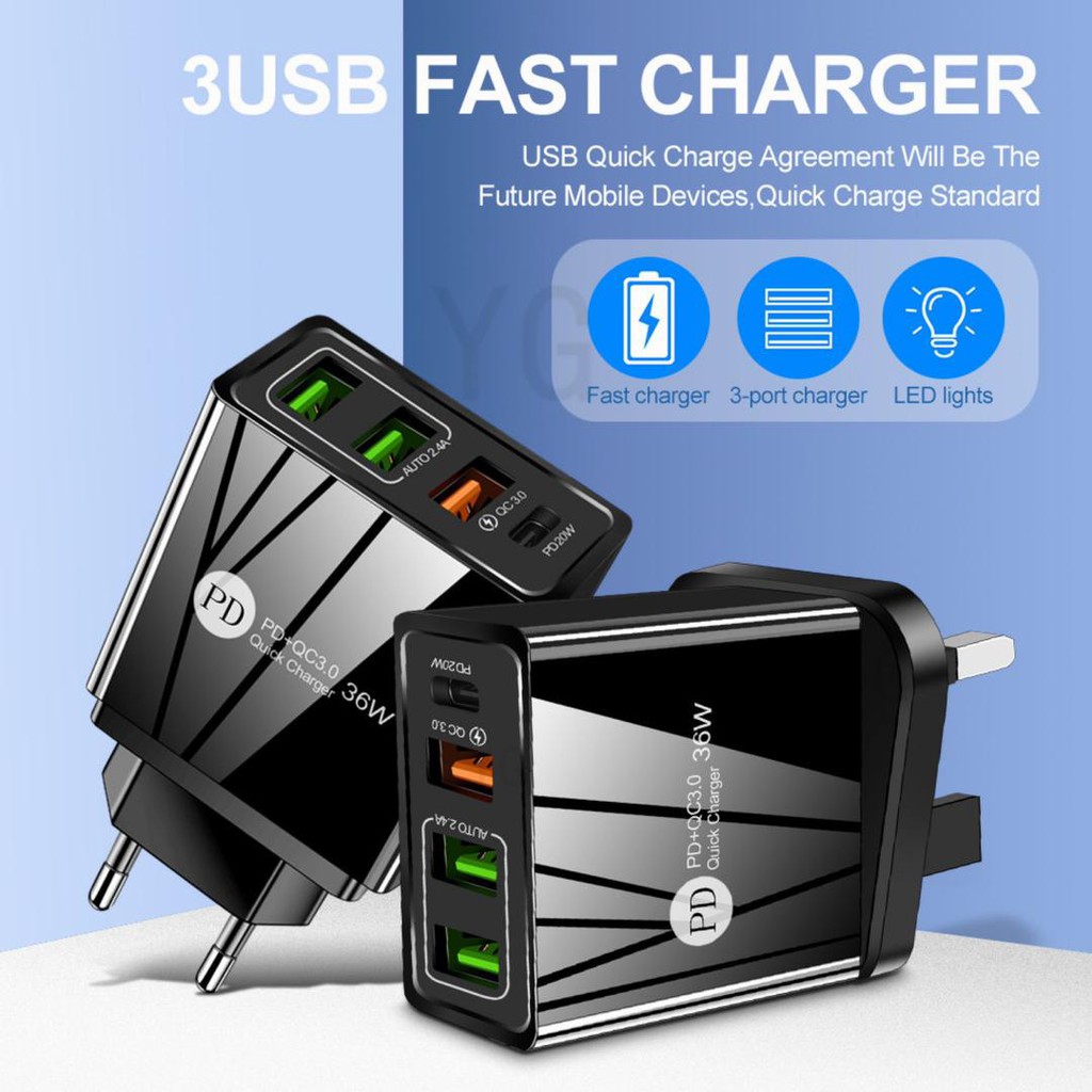 36W PD Quick Charger Fast Charging Travel Adapter with 3 USB Charging ...