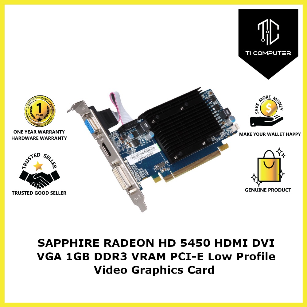SAPPHIRE RADEON HD 5450 HDMI DVI VGA 1GB DDR3 VRAM PCI-E Standard Profile Video Graphics Card ...