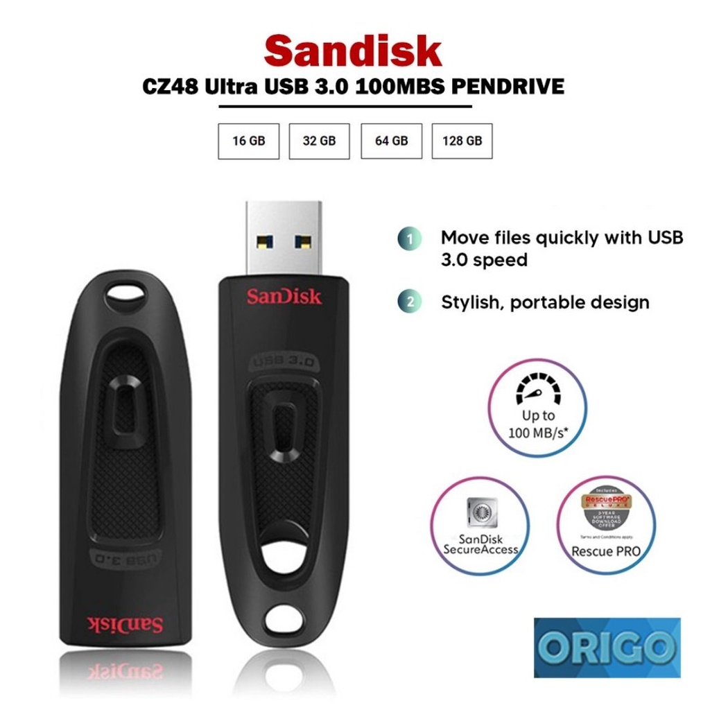 SanDisk CZ48 Ultra USB 3.0 100MB/s Flash Drive (16GB/32GB/64GB/128GB ...