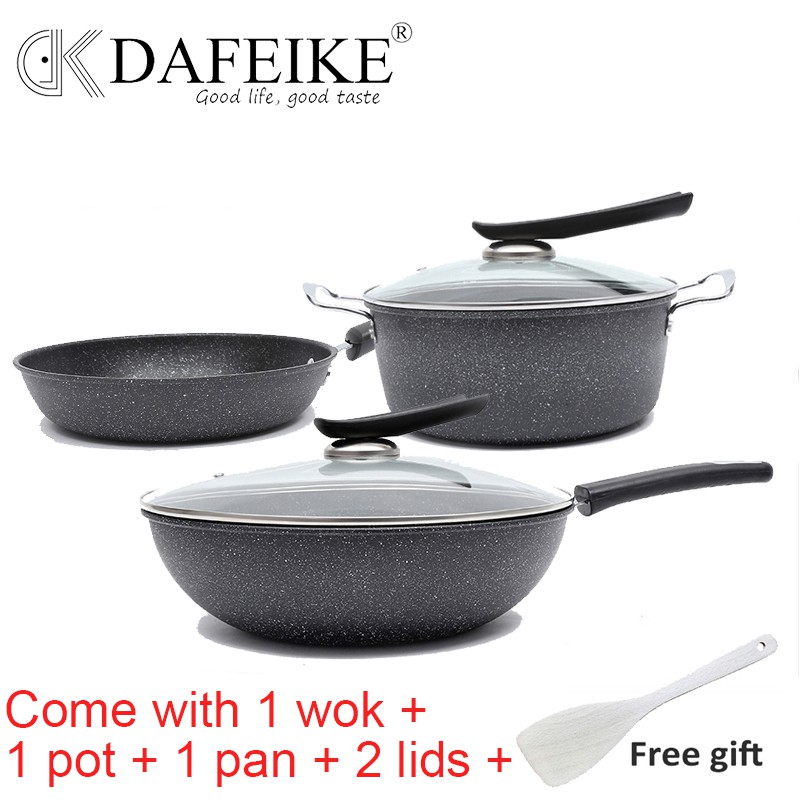 DAFEIKE Non Stick Frying Pan Cooking Wok and Pot Set Maifan Stone ...