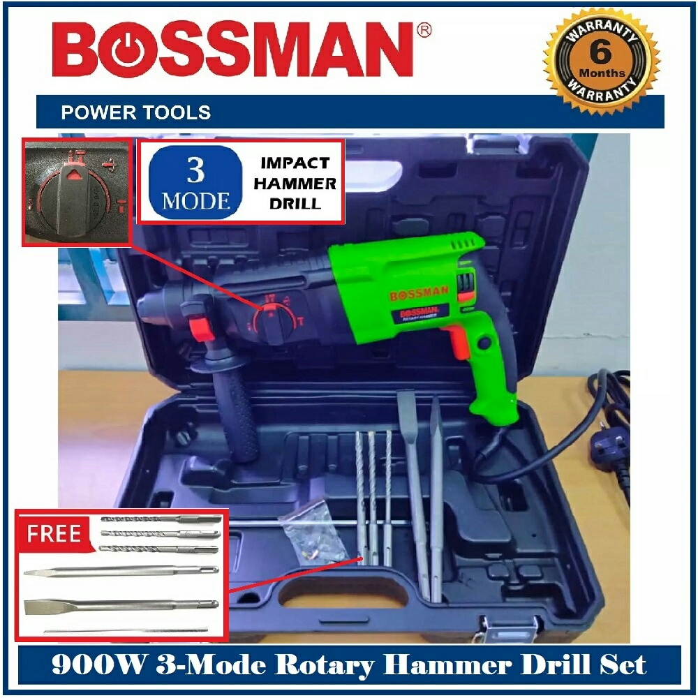 BOSSMAN 900W 3-Function Heavy Duty Rotary Hammer Set BBH225 with Drill ...