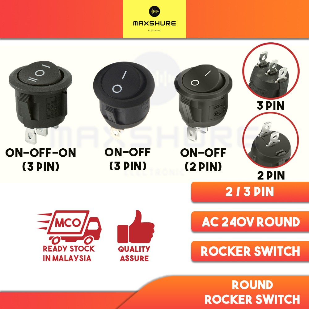[MaxShure] 2 Pin / 3 Pin Round Rocker Switch AC 240V SPST / SPDT On-Off ...