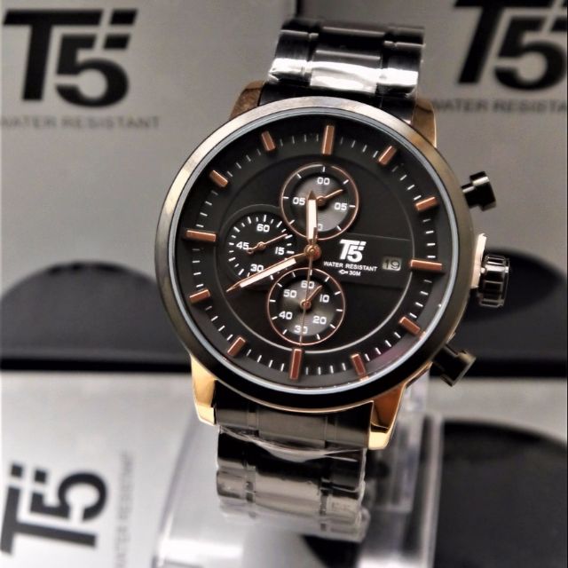 🔥 T5 Men's Chronograph Stainless Steel Business Watch Black Dial Gold ...