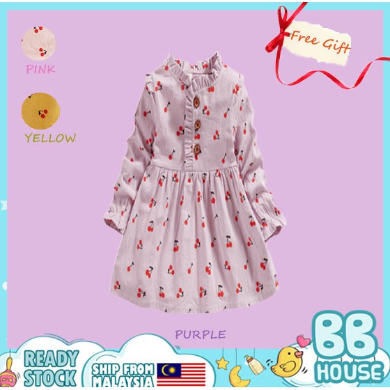 Korean Fashion Style Dress Gaun Kids Skirt Girl Cherry Long Sleeves ...