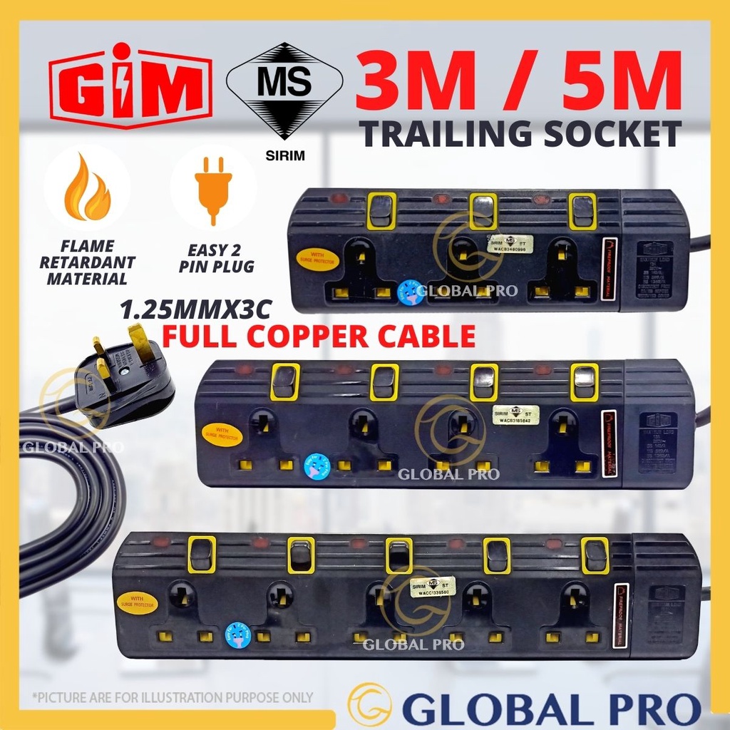 3m 5m Gim Black Sirim Surge Protector Portable Trailing Socket Extension Plug Extension