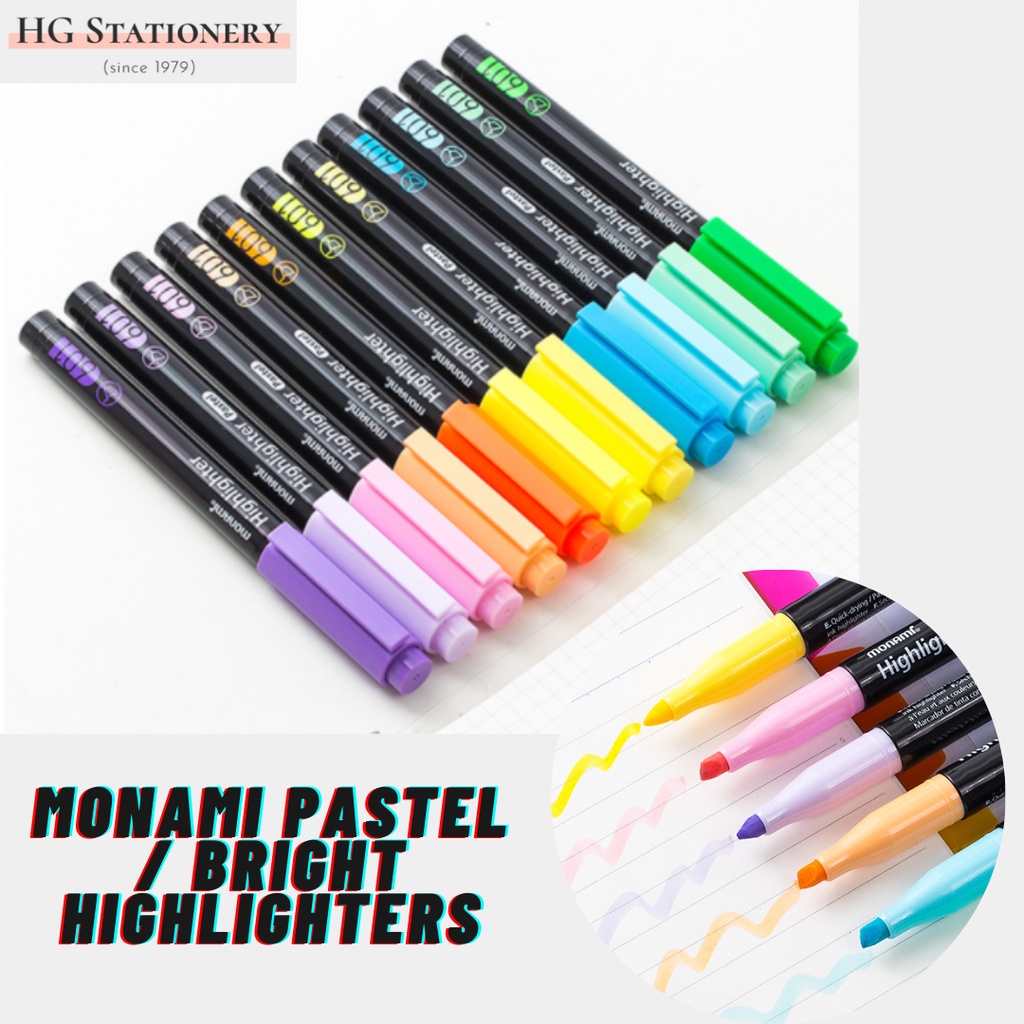 MONAMI Highlighter 601 Pastel & Bright Colorful Chisel Tip (1~4mm ...