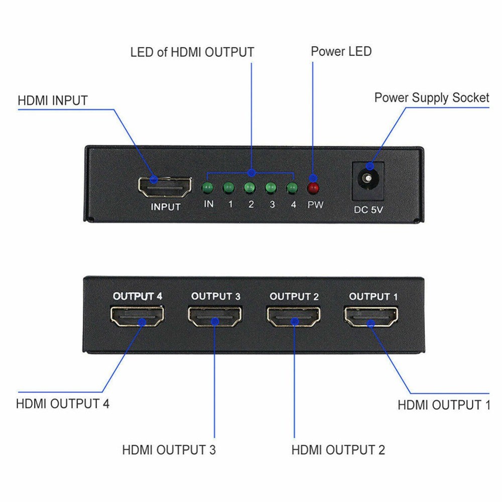 4k Hdm Splitter 1 in 4 Out 1x4 Display Input Output Hub Box Port HDCP ...