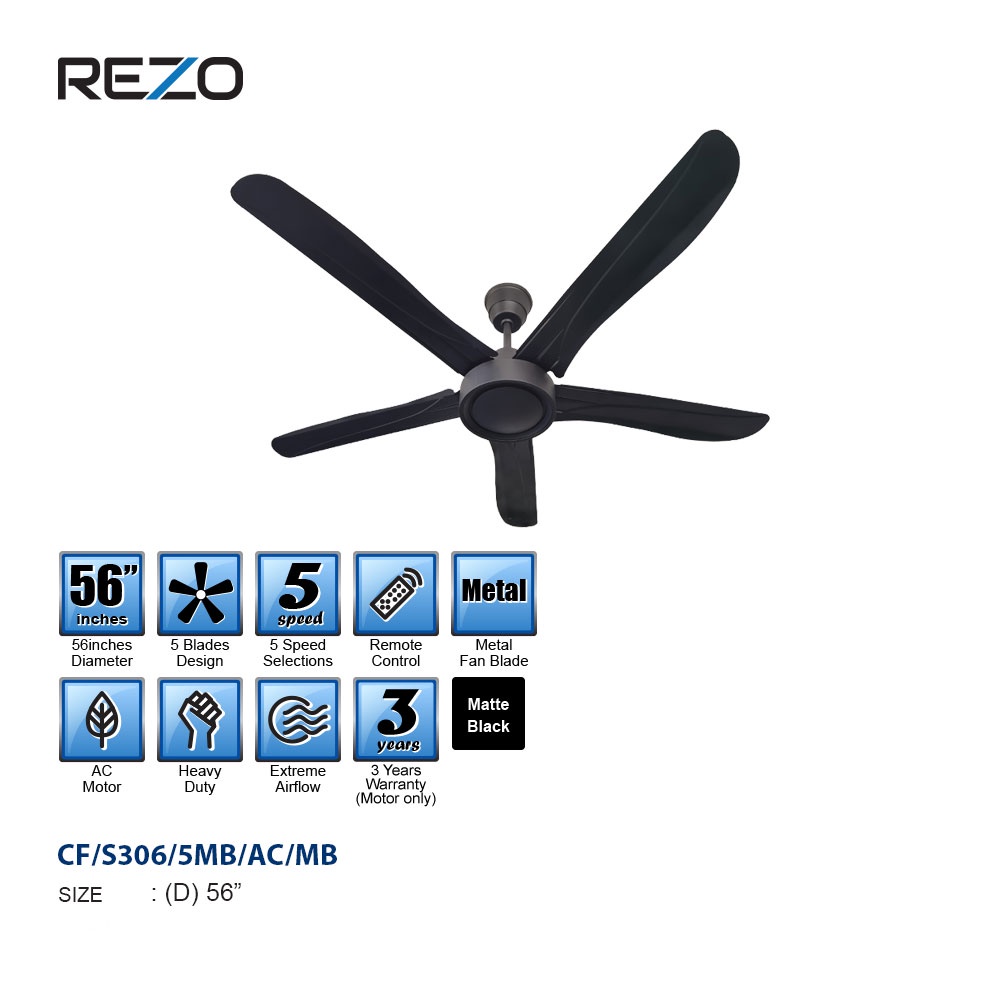 REZO S106 / S306 56” 5 Speed / Remote control POWERFUL 5 Steel Blades ...