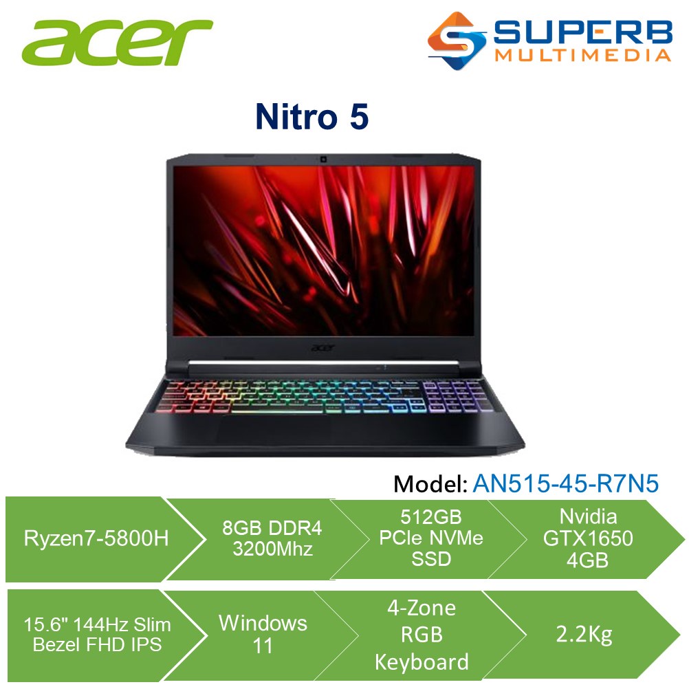 Acer Nitro 5 AN515-45-R7N5 [Black Red] Laptop [Ryzen7 5800H/8GB/512GB ...