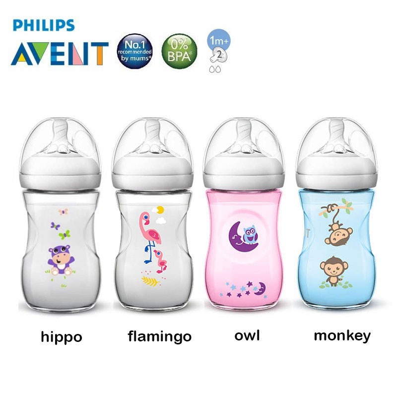 Philips AVENT Natural Bottle Owl Hippo Monkey Flamingo 260ml/9oz Single ...