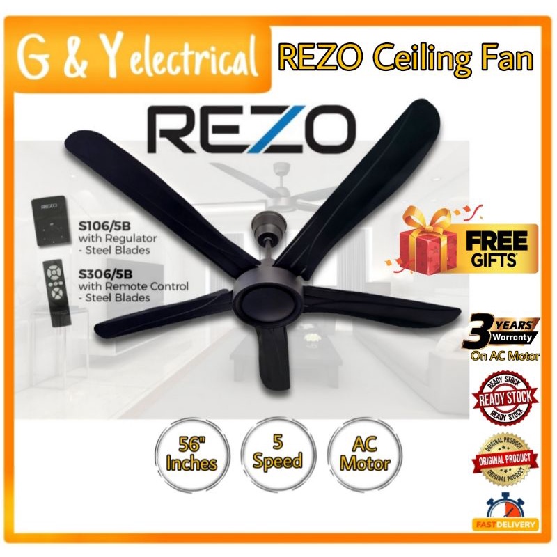 REZO S106 / S306 Ceiling Fan - 56" 5 Blades Regulator / Remote Control ...