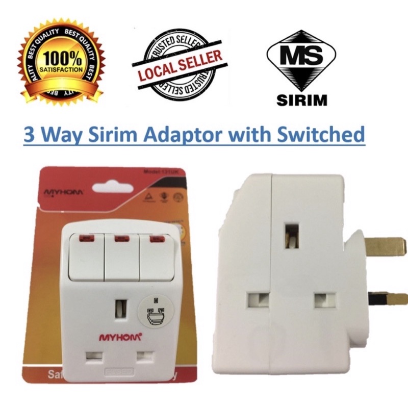 3 Way 3 Pin Adapter with Neon Switch & Surge Protector 3 Way 3 Pin ...