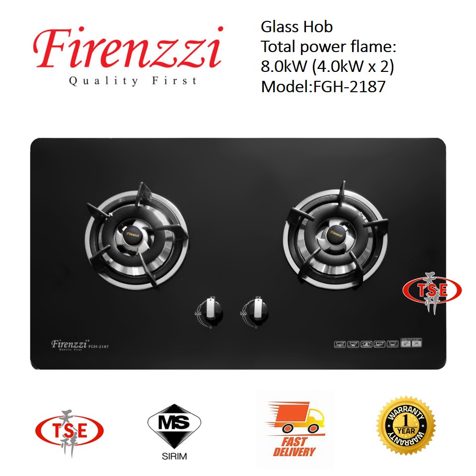 Firenzzi FGH-2187 Flexi Glass Hob Total power flame: 8.0kW (4.0kW x 2 ...
