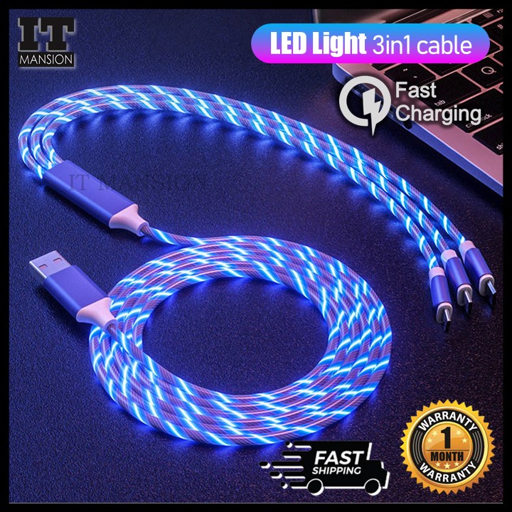3 in 1 USB Cable Charger Flowing Colors LED Glow Fast Charging Usb ...