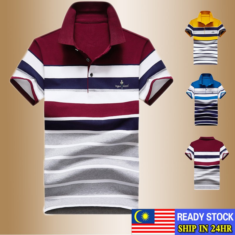 (M-4XL) Men Polo Shirt Stripes Short-Sleeved Men's T-shirt Lapel Fashion Loose Men's Poloshirt ...