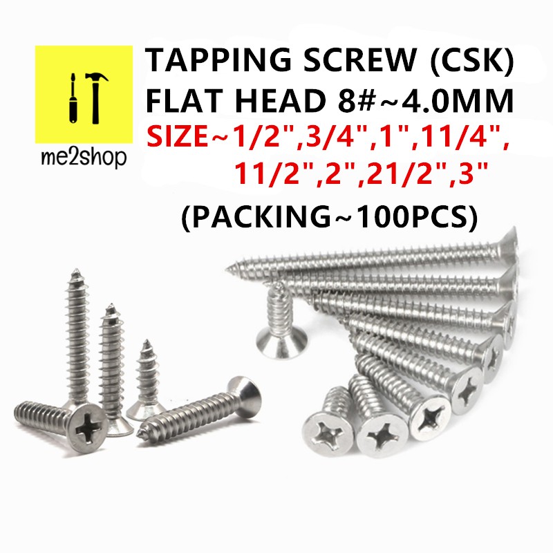 (100PCS) 8# / M4 SELF TAPPING SCREW CSK FLAT HEAD /TAJAM SKRU KEPALA ...