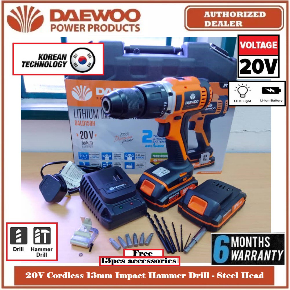 DAEWOO 20V Lithium Cordless 13mm Impact Hammer Drill with 13pcs accessories DALD158H - Steel ...