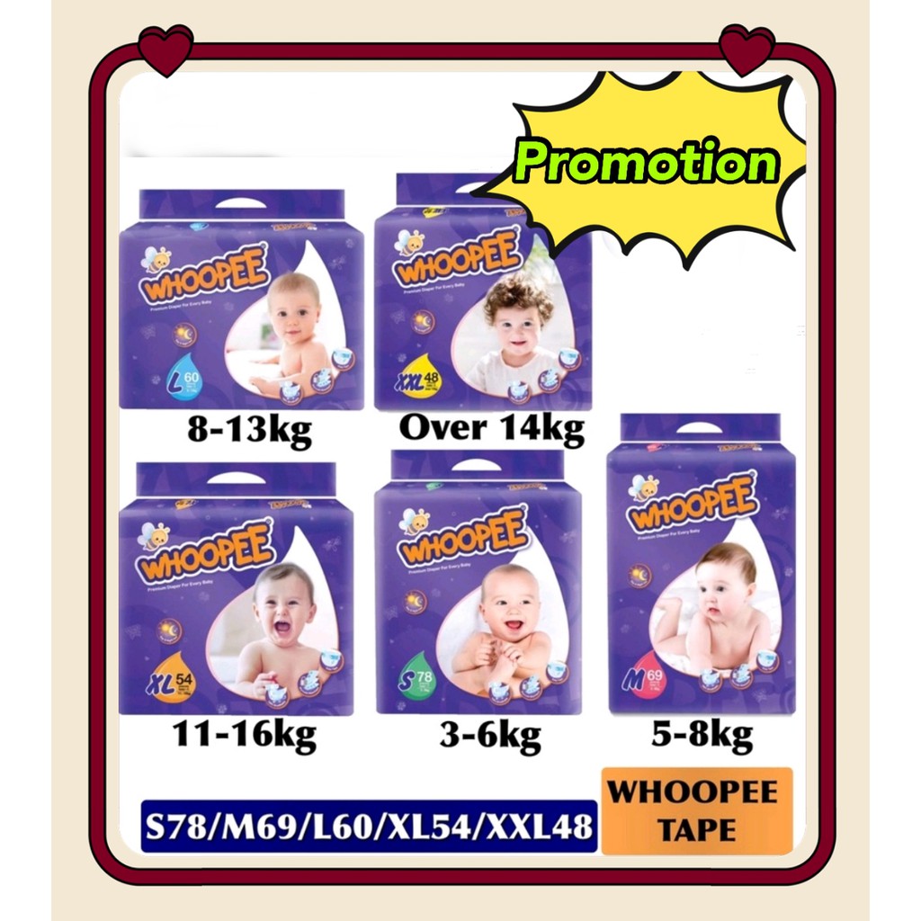 WHOOPEE TAPE DIAPER S72 / M60 / L50 / XL44 / XXL40 | Shopee Malaysia