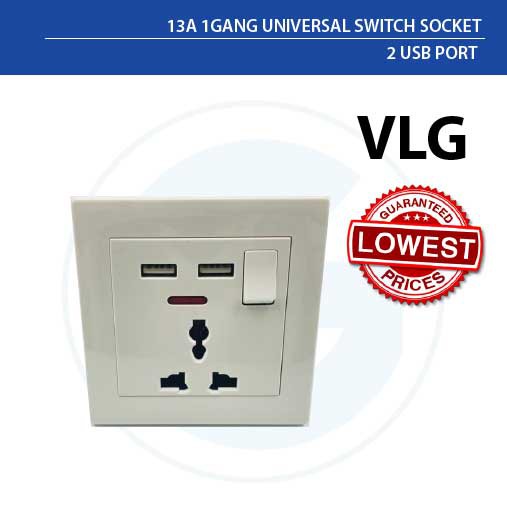 VLG 13A 1gang *Universal * switch socket With 2 USB PORT ( 2.1A ...