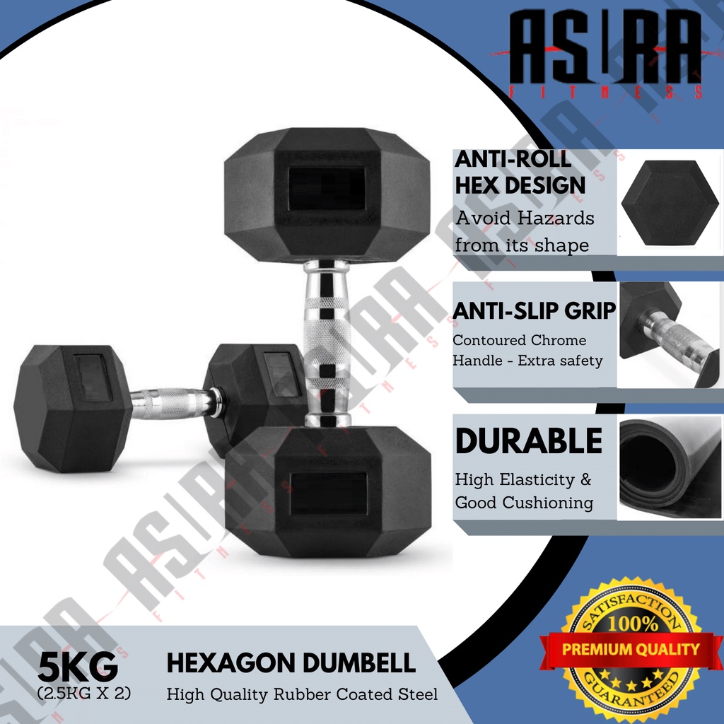 ASURA Fitness 5kg (Pair - 2.5kg x2) Premium Rubber Coated Hexagon Dumbbell with Contoured Chrome ...