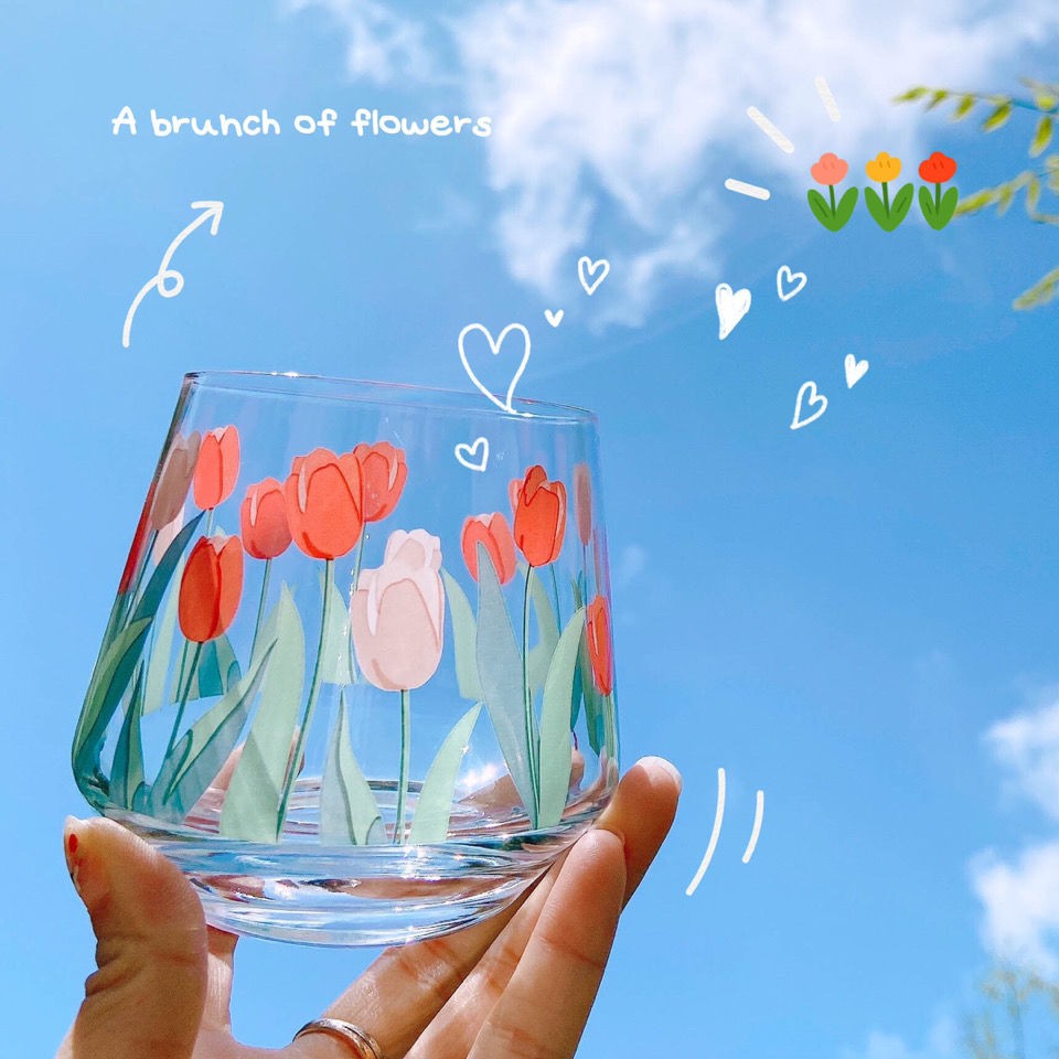 Hand painted flower tulip glass girl milk coffee cup juice drink cup ...