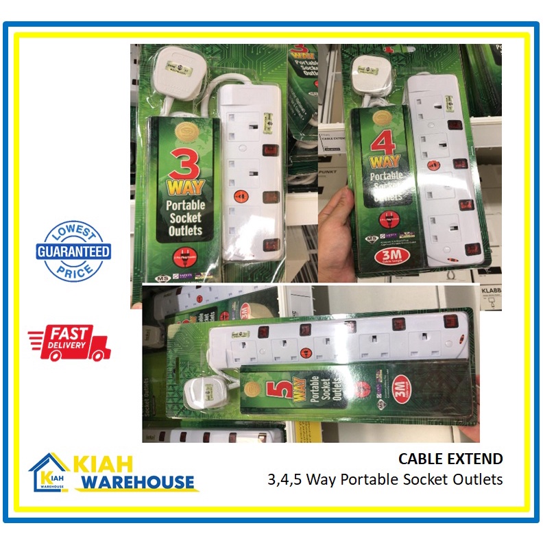 3M Cable Extension 3,4,5 Electric Sockets Electric 3 Meter Cable ...