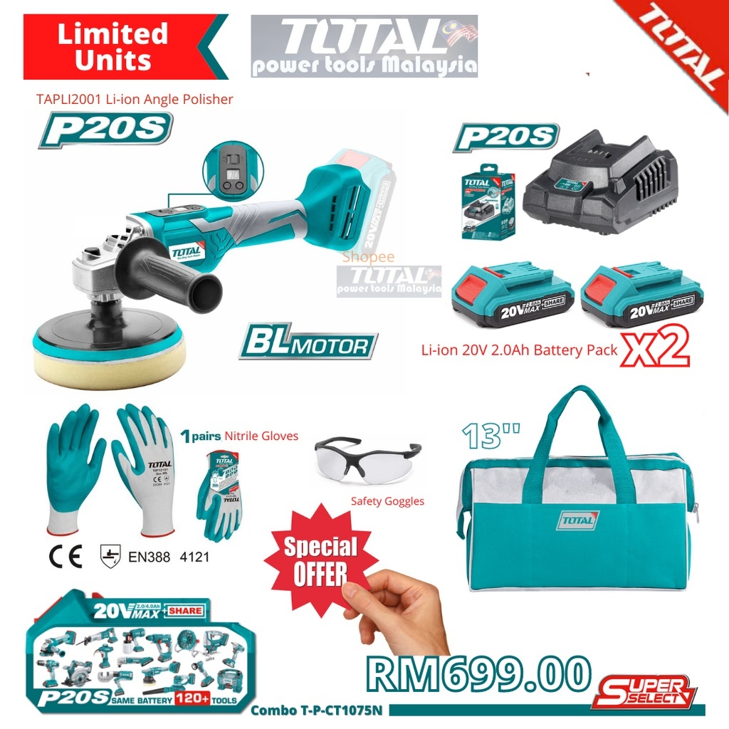 TOTAL TAPLI2001 P20s Li-ion 20V Rotary Angle Polisher + 2 pcs Batteries ...