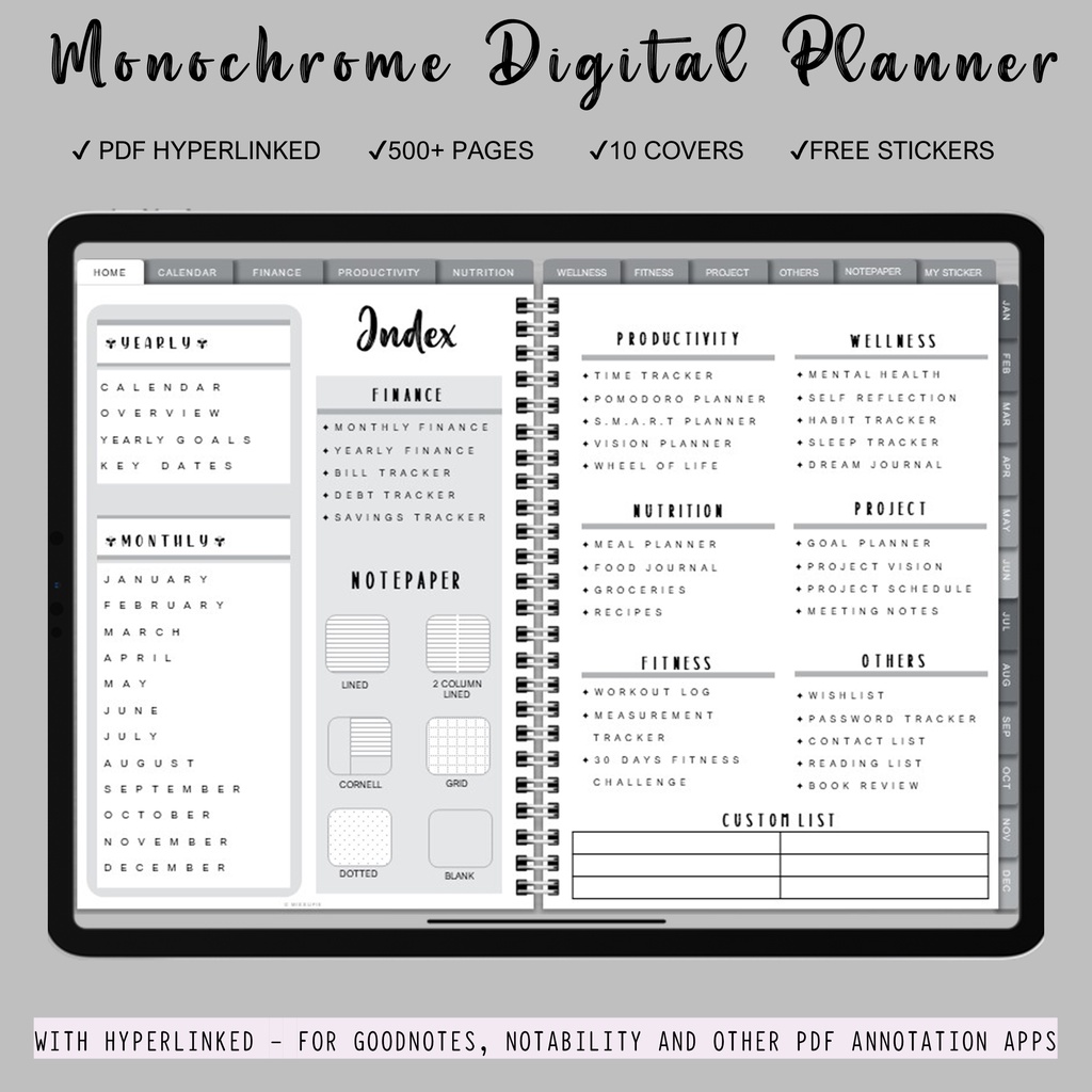 Digital Planner 2024 Undated Monochrome with hyperlinks tabs for ...