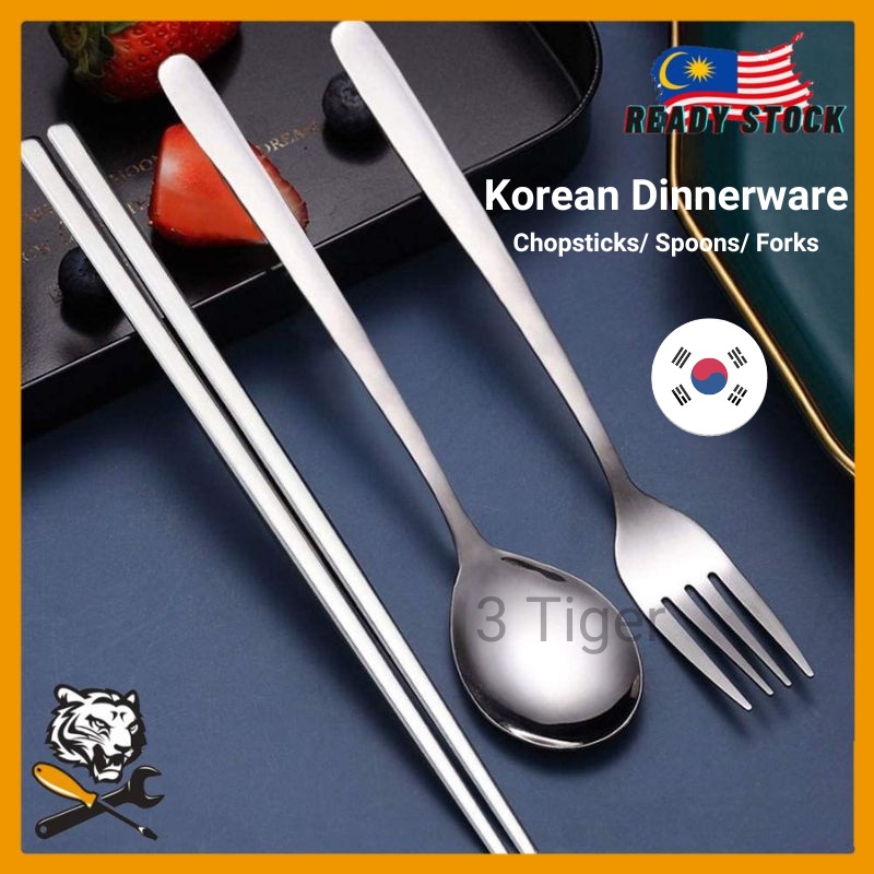 3THW Thicken 304 Korean Stainless Steel Korean Chopsticks Spoons Forks ...