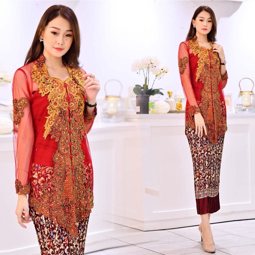 Modern Tille Sequin Kebaya Suit, Maroon Batik Plisket Skirt Set and ...