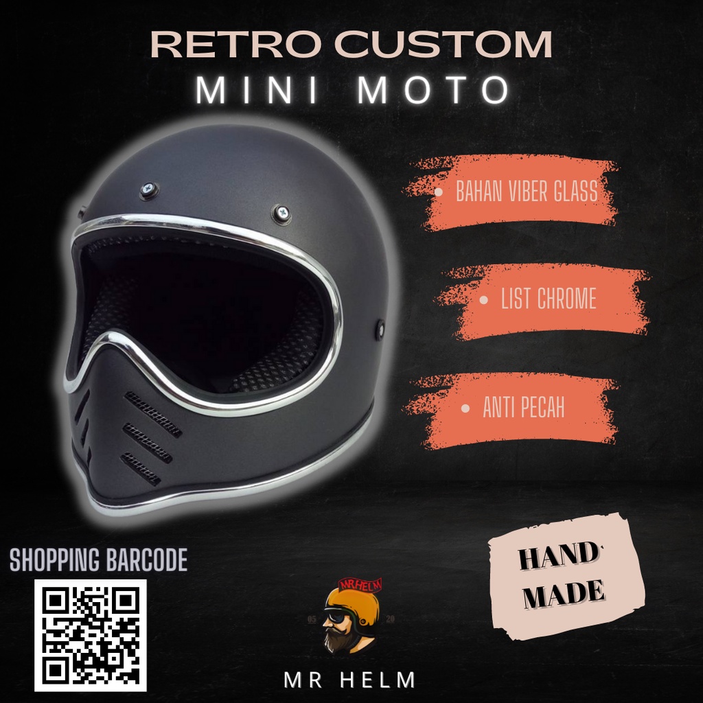 Custom RETRO MINI MOTO MATTE GRAY HELMET WITH LIST CHROME (MR HELM ...