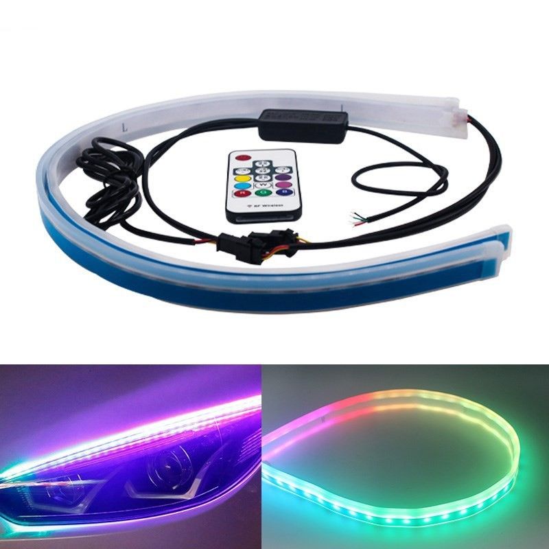 2pc 12v Car LED DRL + Signal Light Bar Strip headlamp lips Day slim RGB ...