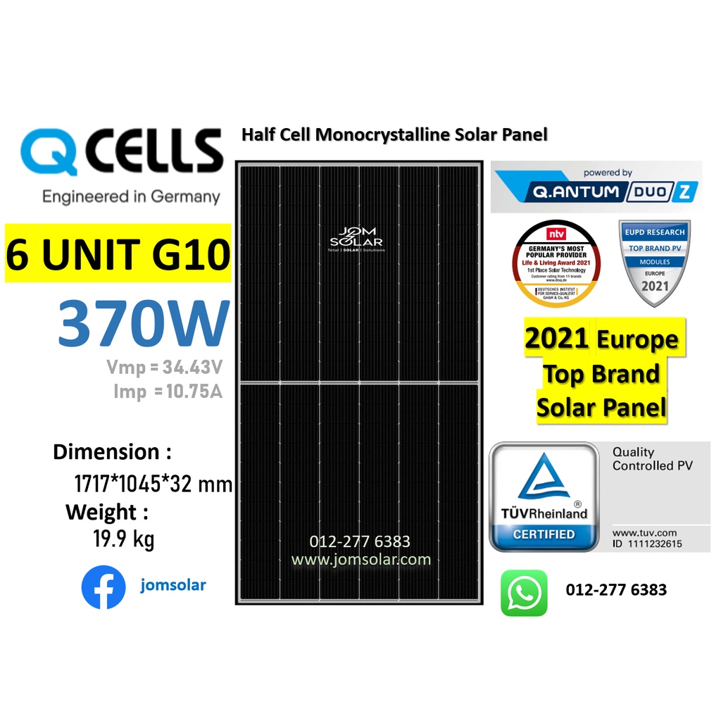 6 UNIT GRADE A 370W QCELLS DUO G10 SOLAR PANEL - 12BB Monocrystalline ...
