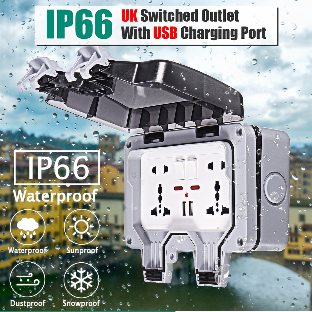 110-240V IP66 Weatherproof Outdoor BOX Wall Socket Double Universal ...