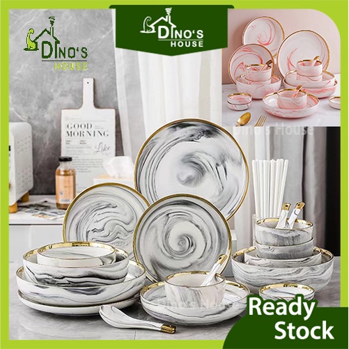 🇲🇾👍 Nordic Ceramic Bowls & Plates Marble Dishes Set Household Tableware ...