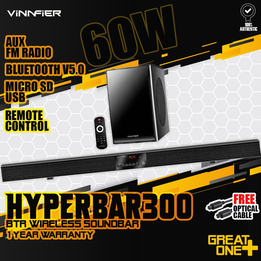 VINNFIER HyperBar 300BTR Wireless Bluetooth Soundbar & Bass Subwoofer ...