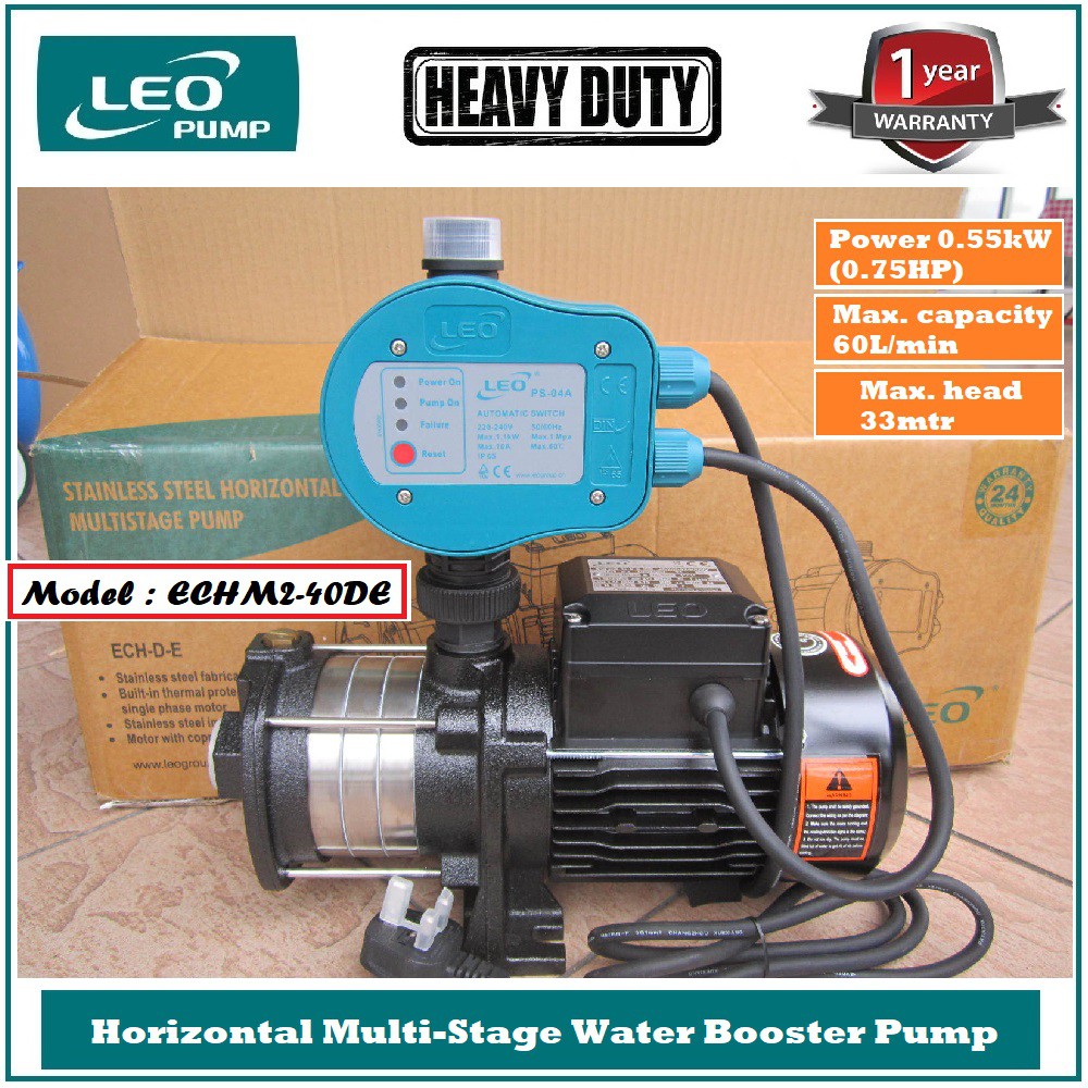Leo 0.55kW (0.75HP) PC Horizontal Multi-Stage Water Booster Pump ECHM2 ...