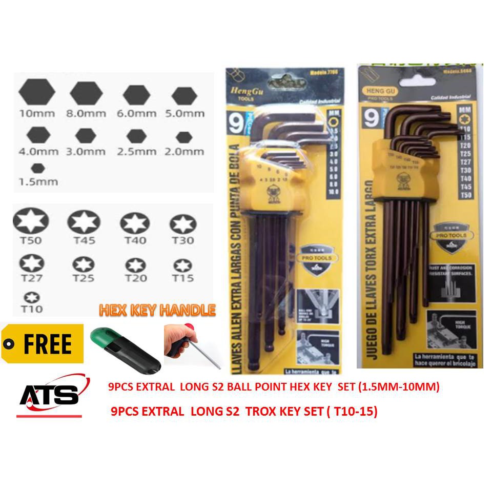 9PCS HEAVY-DUTY EXTRAL LONG S2 BALL POINT HEX KEY SET (1.5MM -10MM ...