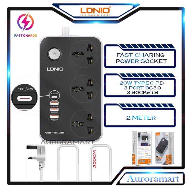 LDNIO Extension 6 USB Ports Charger With 3.4A Ouput & 3 UK Power Socket ...