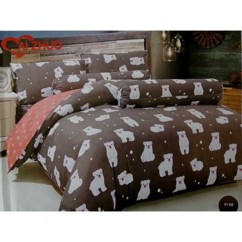 cadar queen 5 in 1 warna coklat corak kartun polar bear queen bedsheet ...