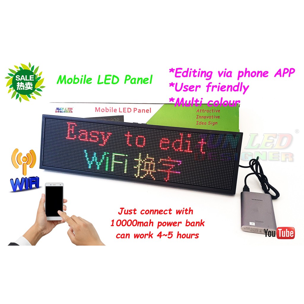 Wifi Mobile LED Panel (USB/Power Bank) P4 128x32 [*size 40x15cm*] Phone ...